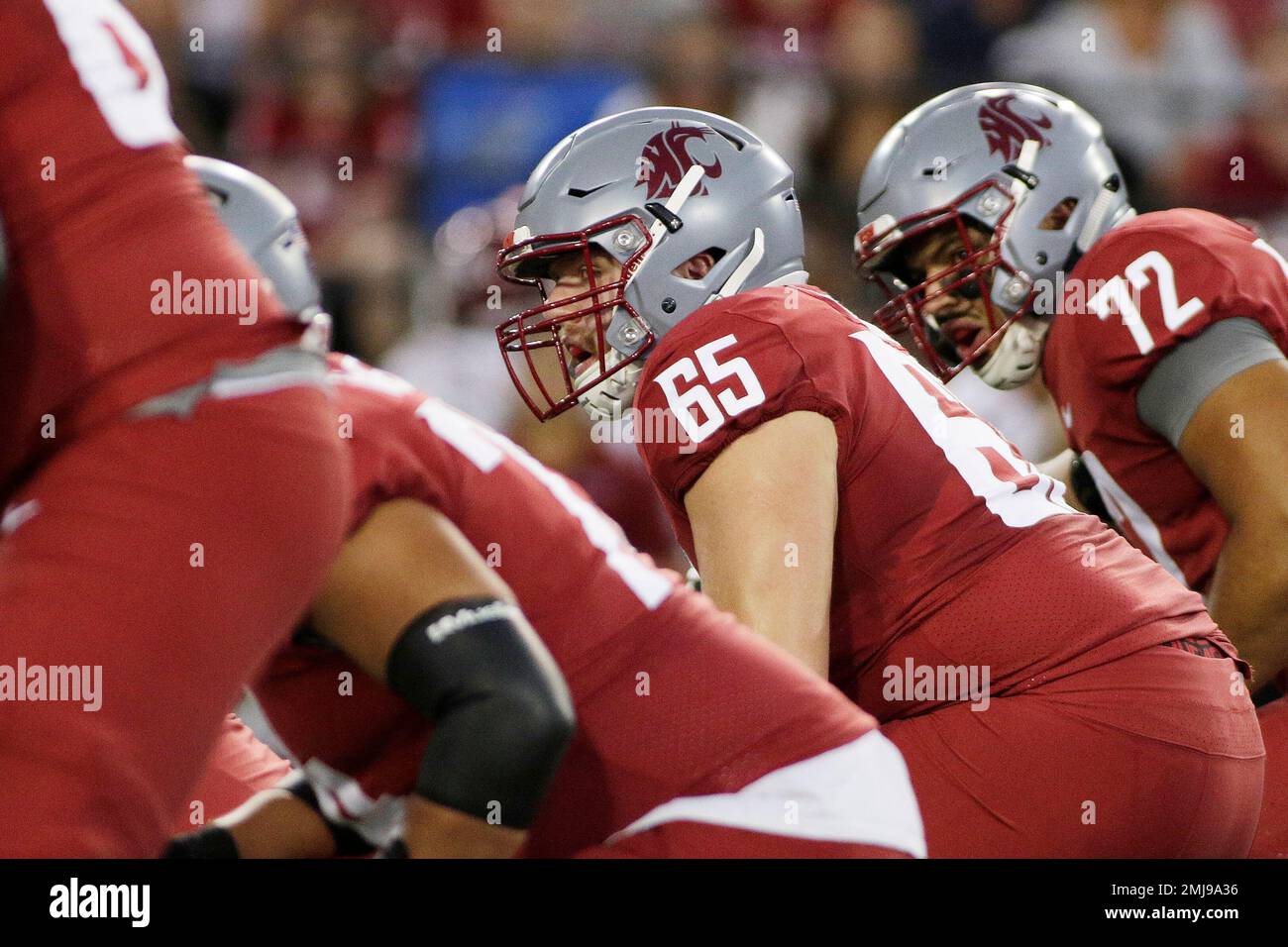 Washington State offensive lineman Josh Watson (65) lines up for a play ...