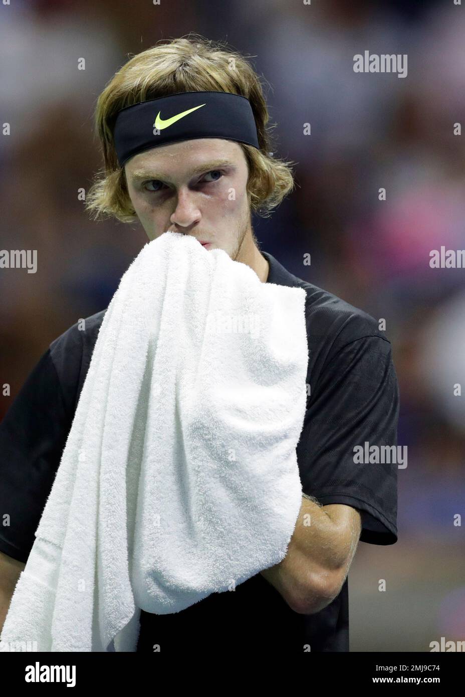 Andrey Rublev, of Russia, wipes his face during a match against against ...