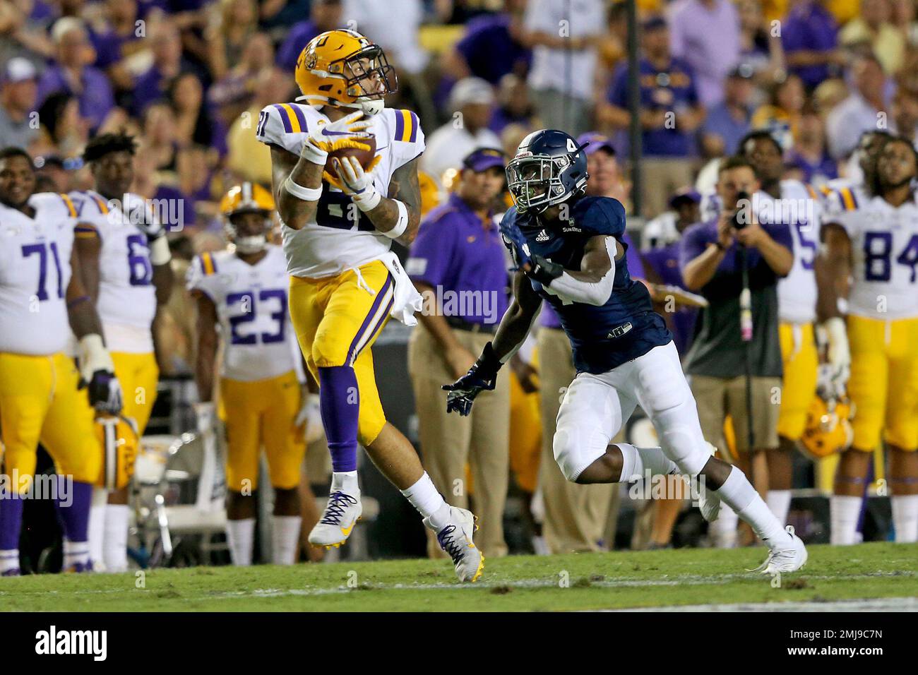 LSU tight end Thaddeus Moss (81) catches a deep pass against Georgia ... LSU tight end Thaddeus Moss (81) catches a deep pass against Georgia ...