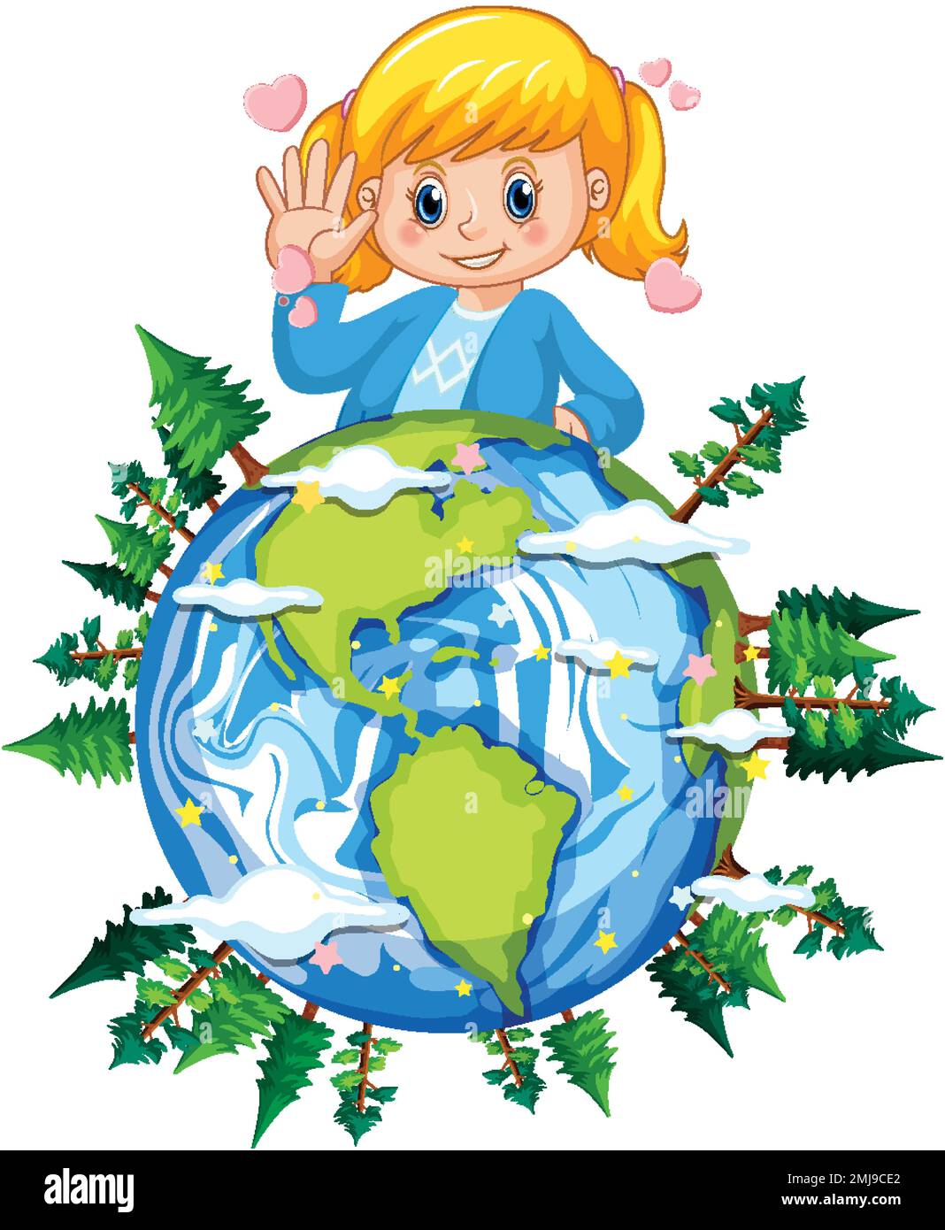 Cute girl on earth planet cartoon illustration Stock Vector Image & Art ...