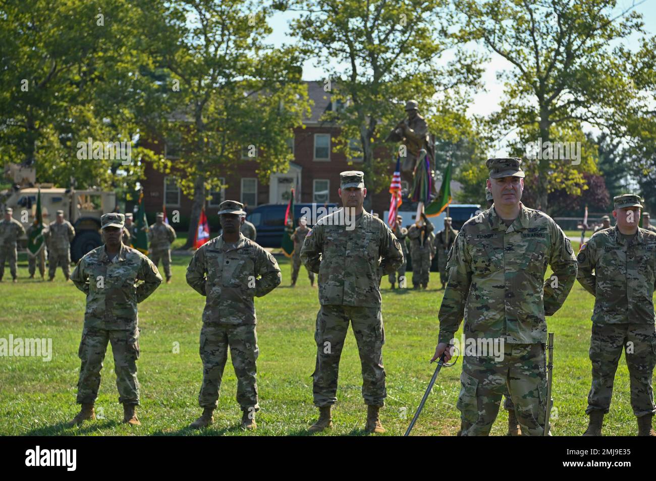 U.S. Army soldiers stand at parade rest during a change of command ...