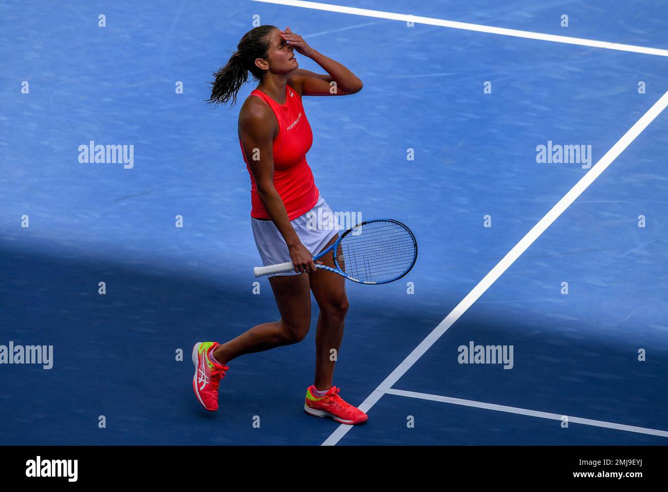 Julia Goerges, of Germany, reacts after defeating Kiki Bertens, of the ...