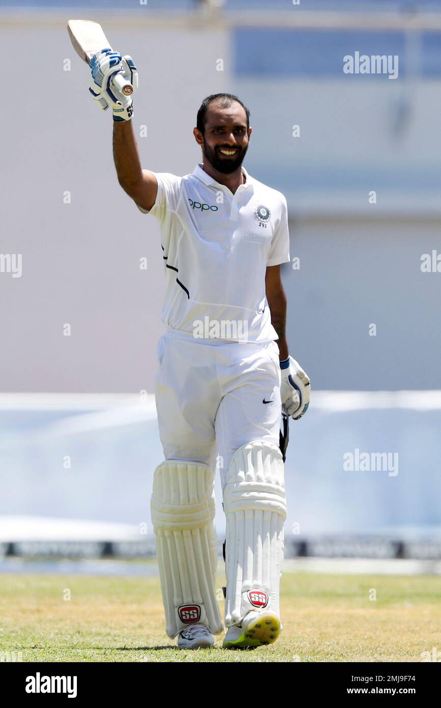 India's Hanuma Vihari celebrates after he scored a century against West ...