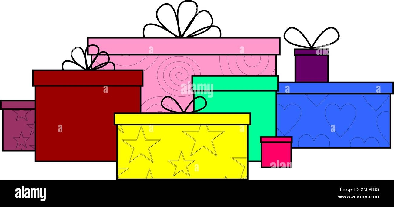 simple graphic drawing of multicolored gift boxes with black outline in ...