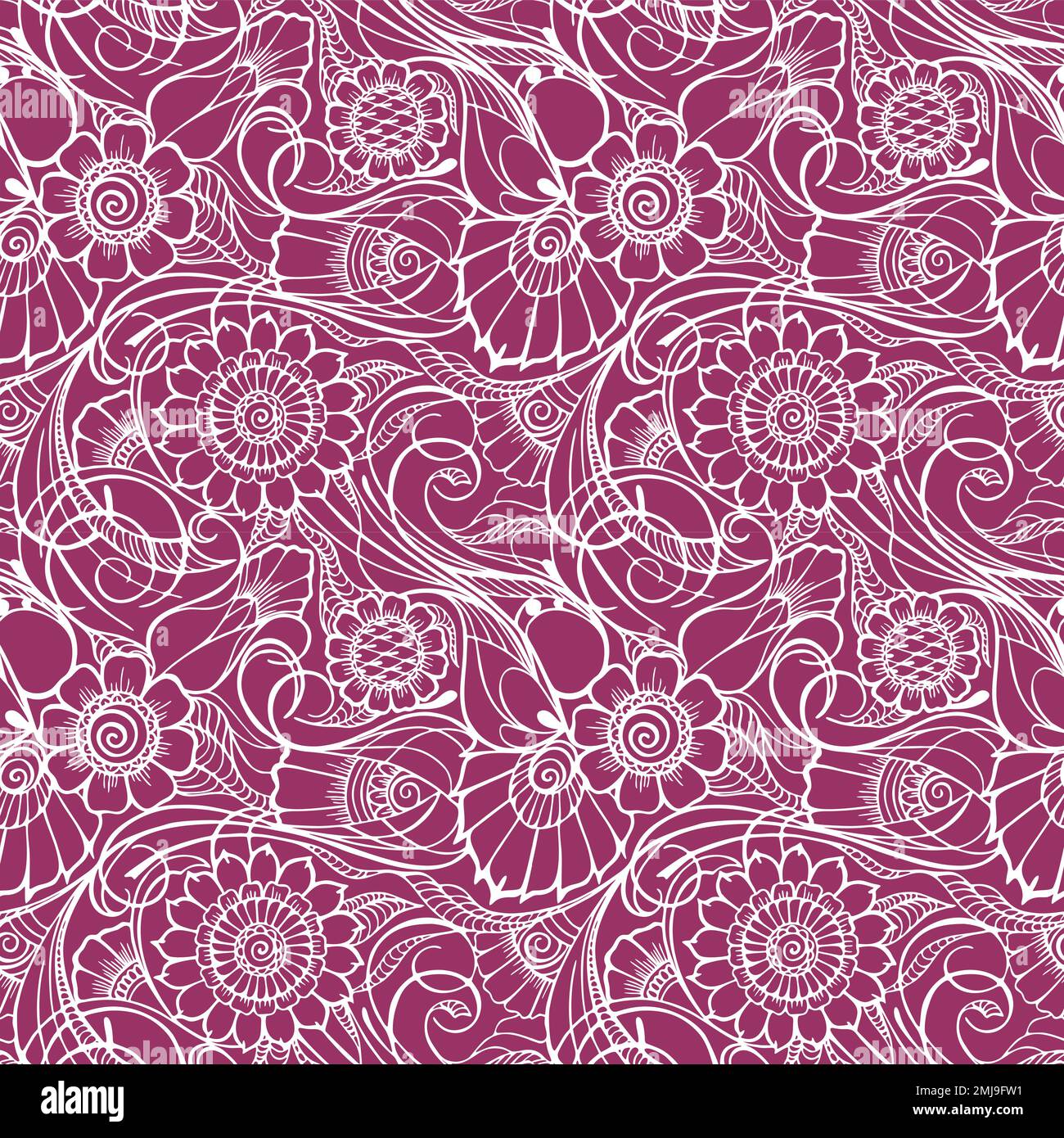 white seamless pattern on a bright pink background, floral repeating ...