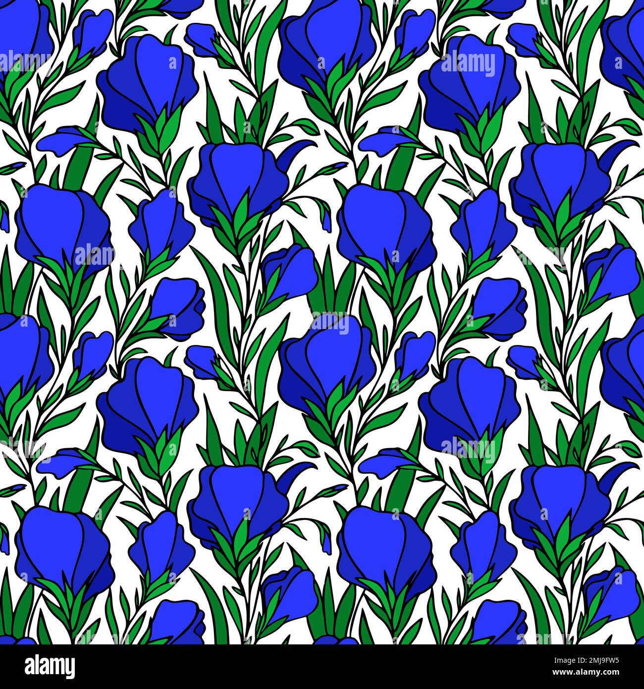art, seamless pattern of large blue flower buds on a white background ...