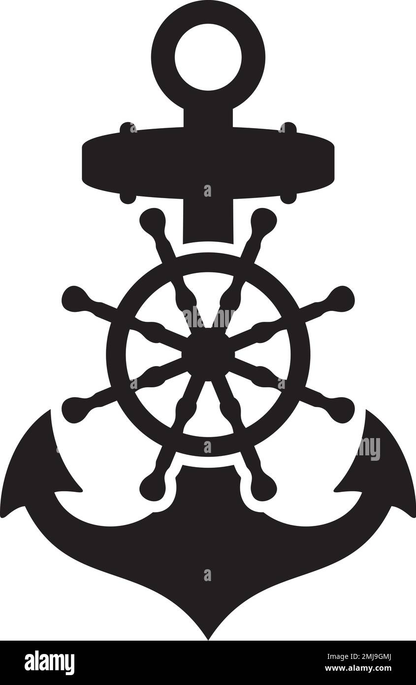 Nautical Ship Wheel and Anchor Black and White. Vector Illustration ...