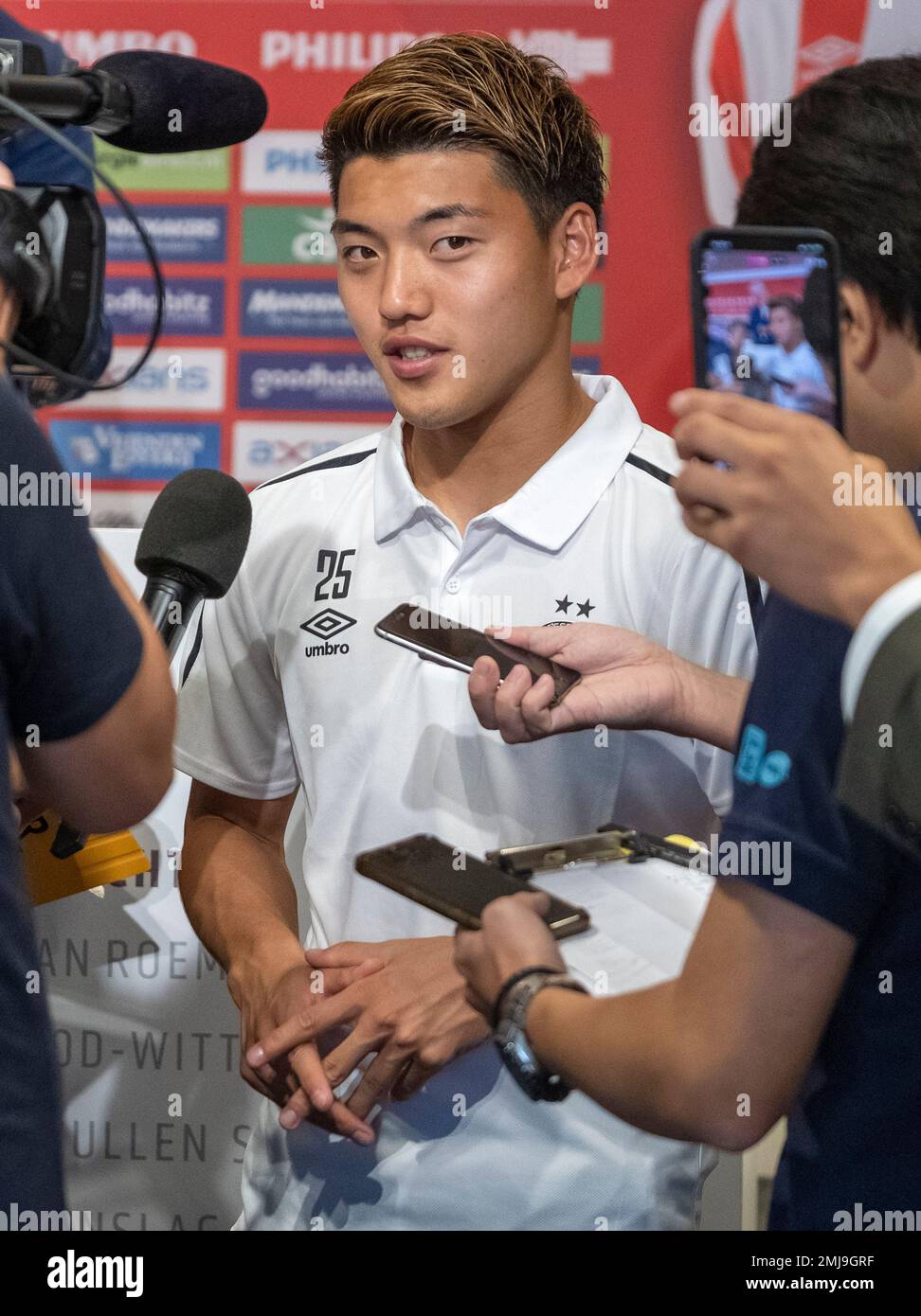 Japanese soccer player Ritsu Doan speaks during an interview after ...