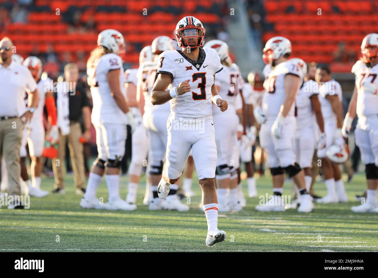 Oklahoma State quarterback Spencer Sanders (3) prior to an NCAA college ...