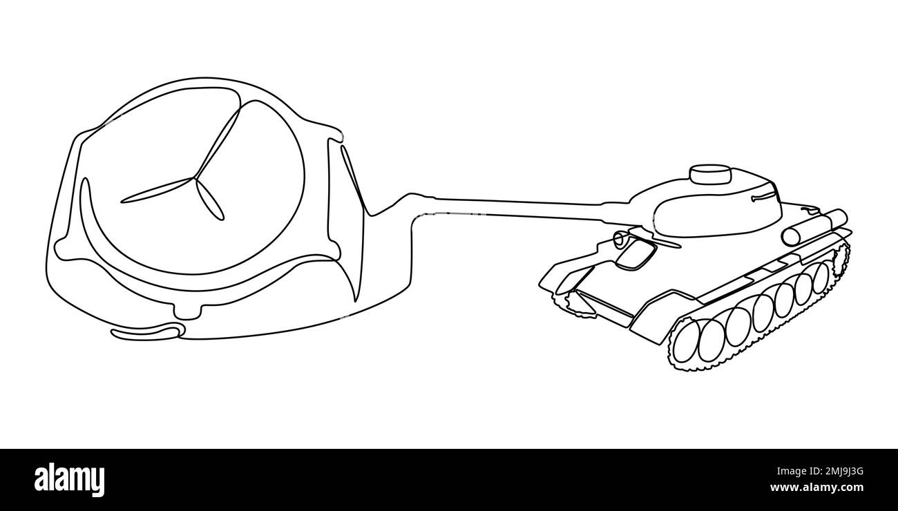 One Continuous Line Of Wristwatch And Armored Tank Thin Line Illustration Vector Concept
