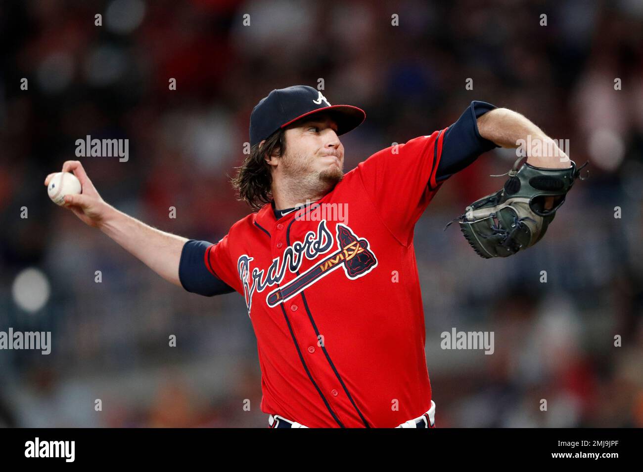 Atlanta Braves relief pitcher Luke Jackson works against the Chicago ...