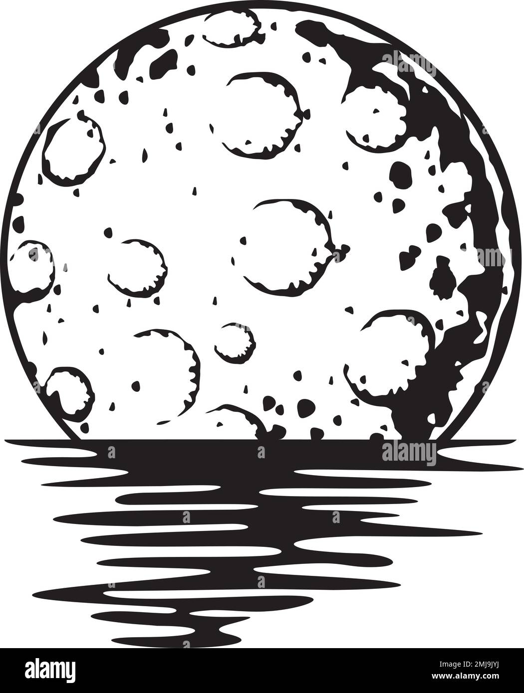 Full Moon Reflecting Over the Sea or Ocean. Black and White Vector ...