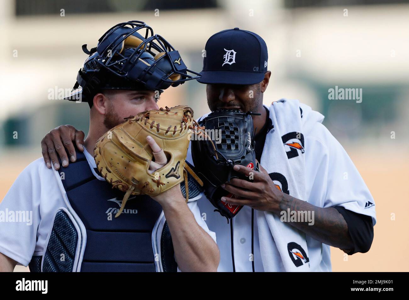Detroit Tigers catcher Jake Rogers talks with starting pitcher Edwin ...
