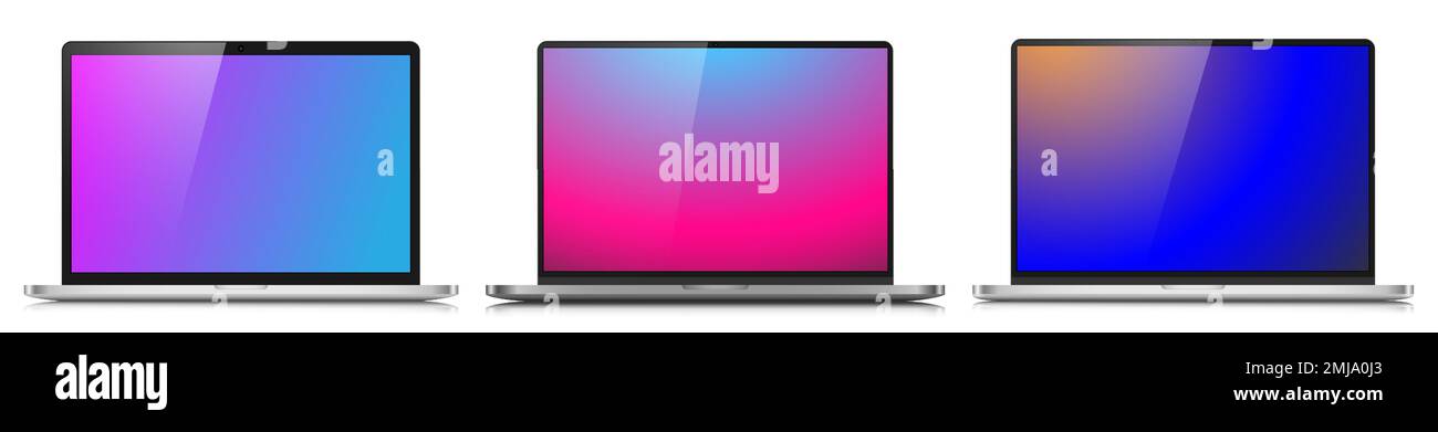 A set of realistic laptop layouts with a color gradient screen and ...