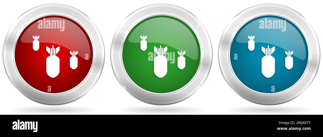 Bomb, war, military, weapon vector icon set. Red, blue and green silver ...