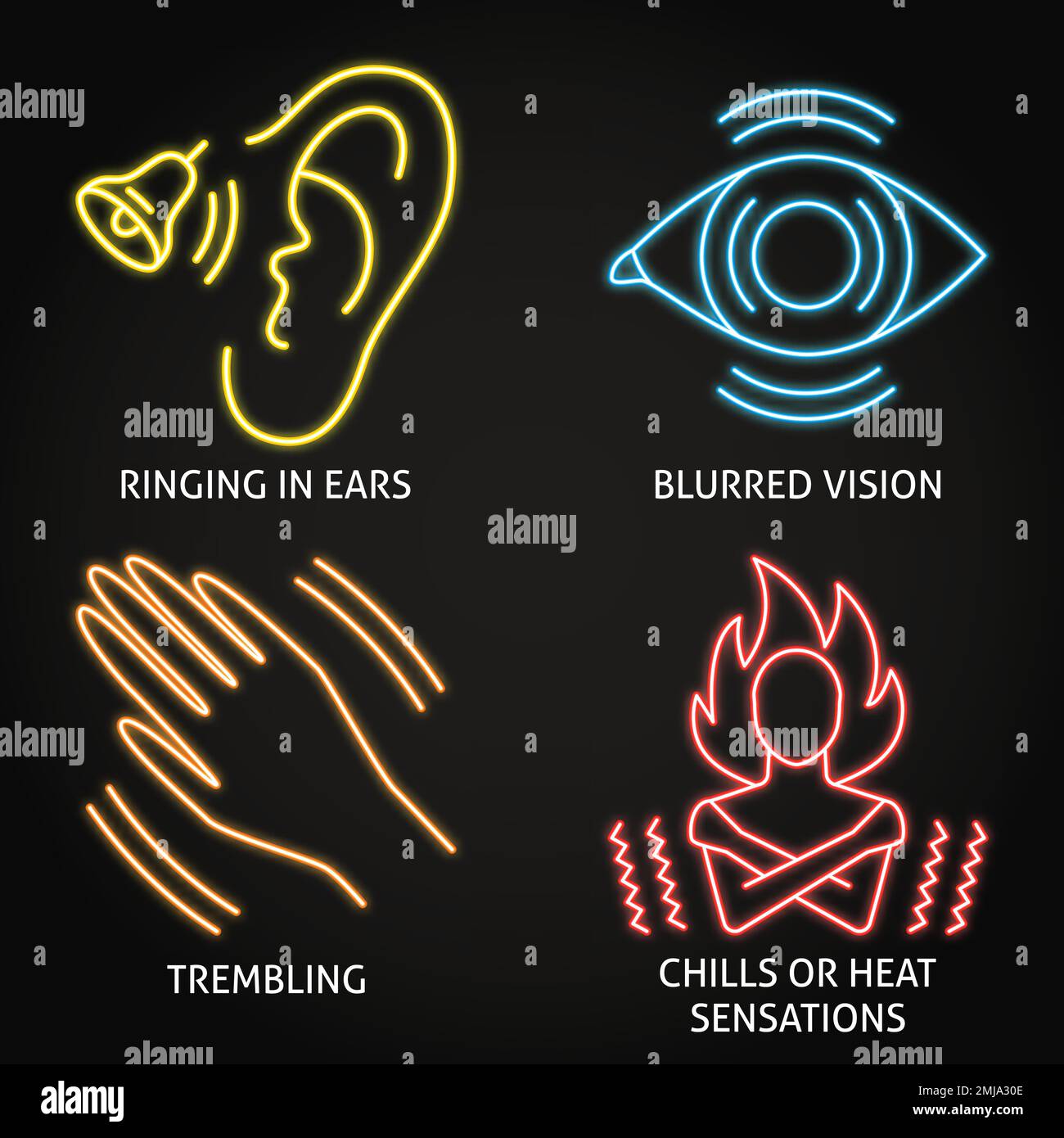 Neon stress and anxiety symptoms icon set. Vector illustration Stock ...