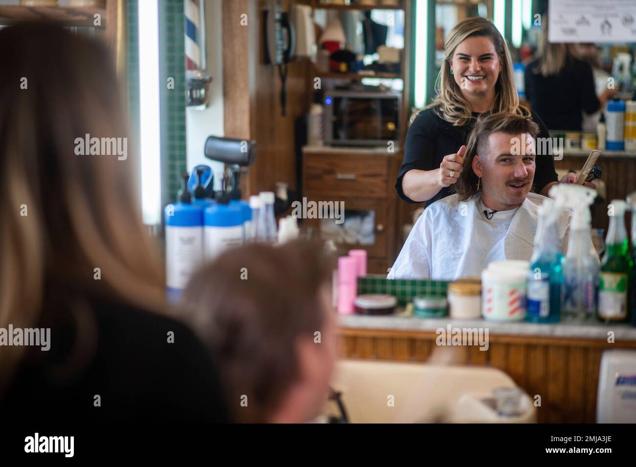 Country singer Morgan Wallen receives a mullet at Paul Mole Barber Shop ...