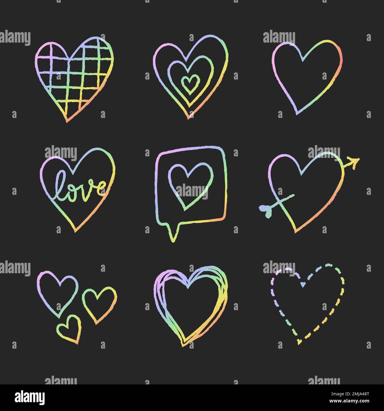 Rainbow holographic heart element vector set in hand drawn style Stock ...