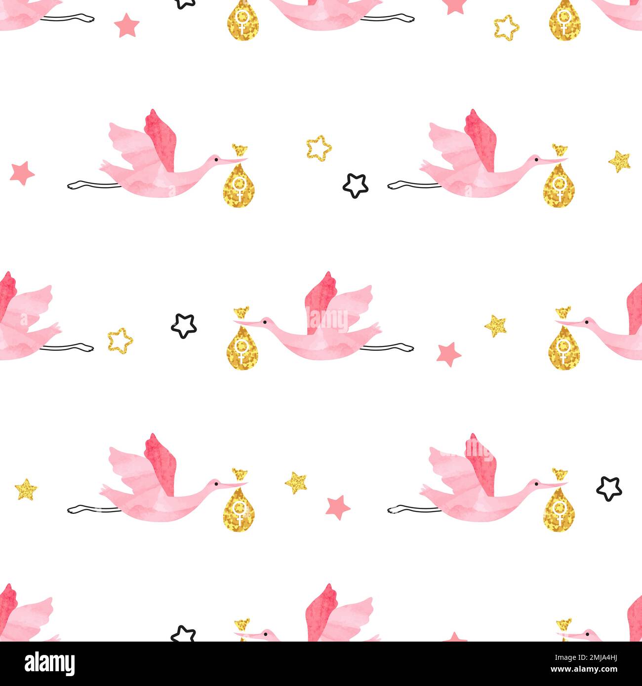 Baby Shower girl seamless pattern with pink watercolor storks. Vector ...