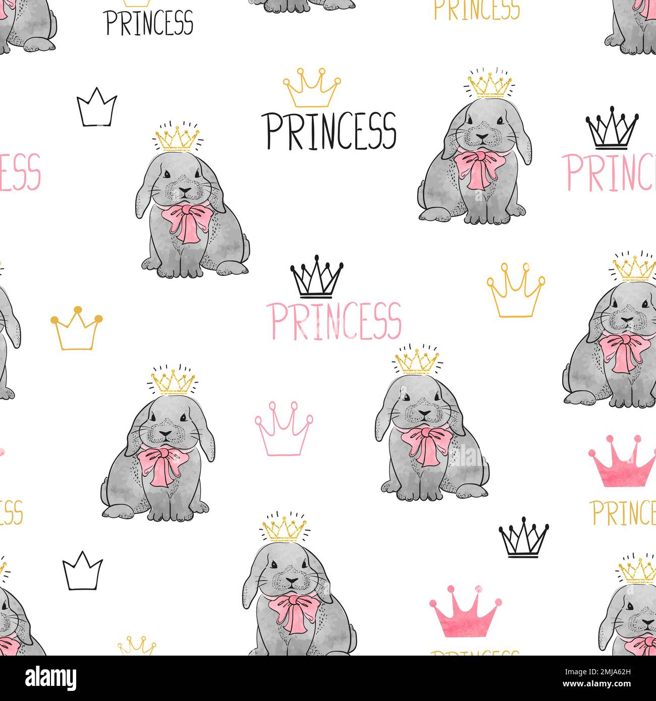 Seamless pattern with cute princess rabbits. Vector background for kids ...