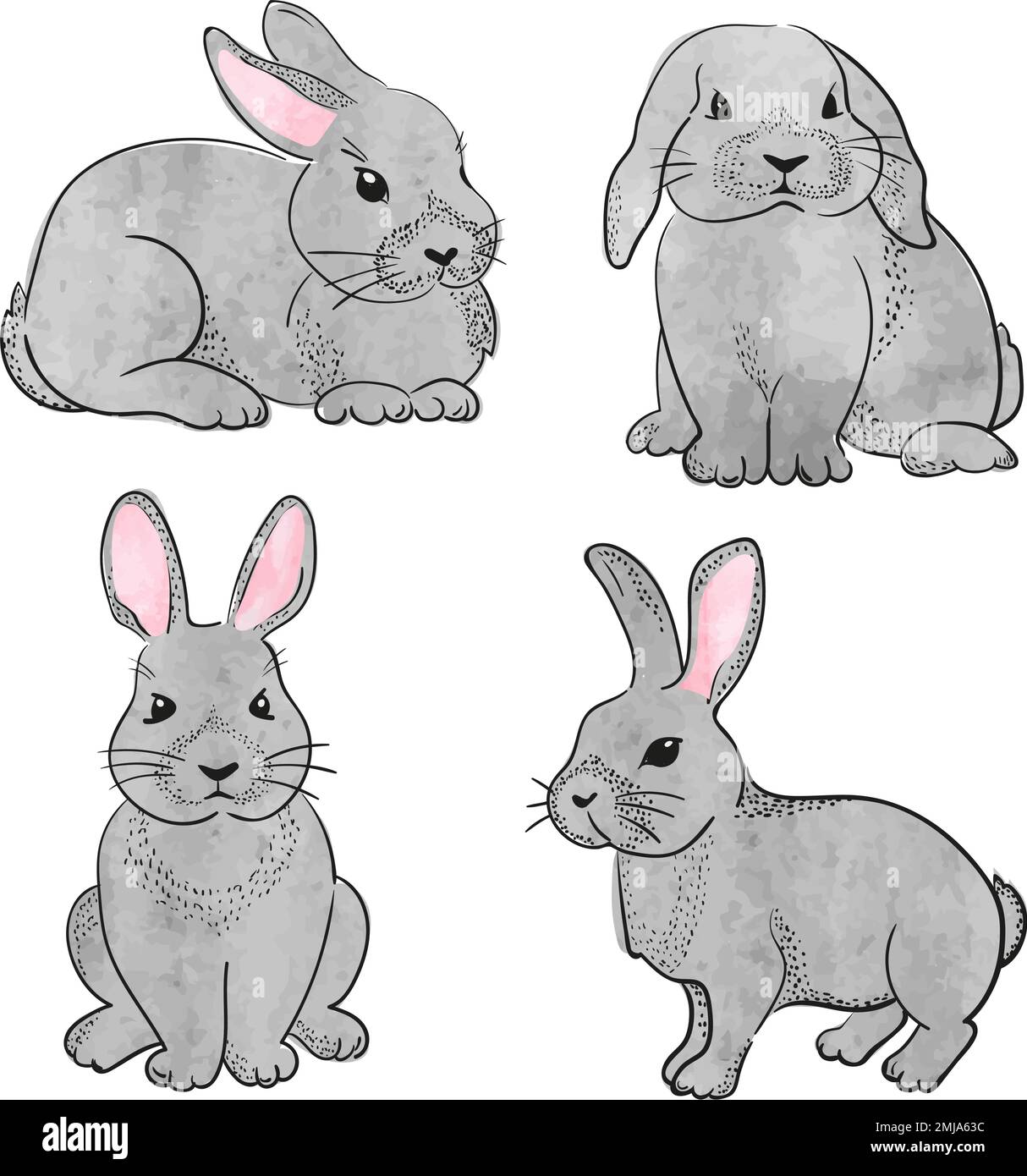 Set of cute watercolor rabbits isolate on white. Vector illustration of ...