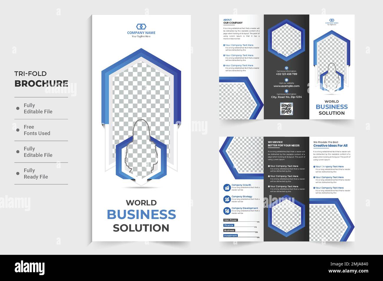 Corporate business trifold brochure design with blue hexagon shapes ...