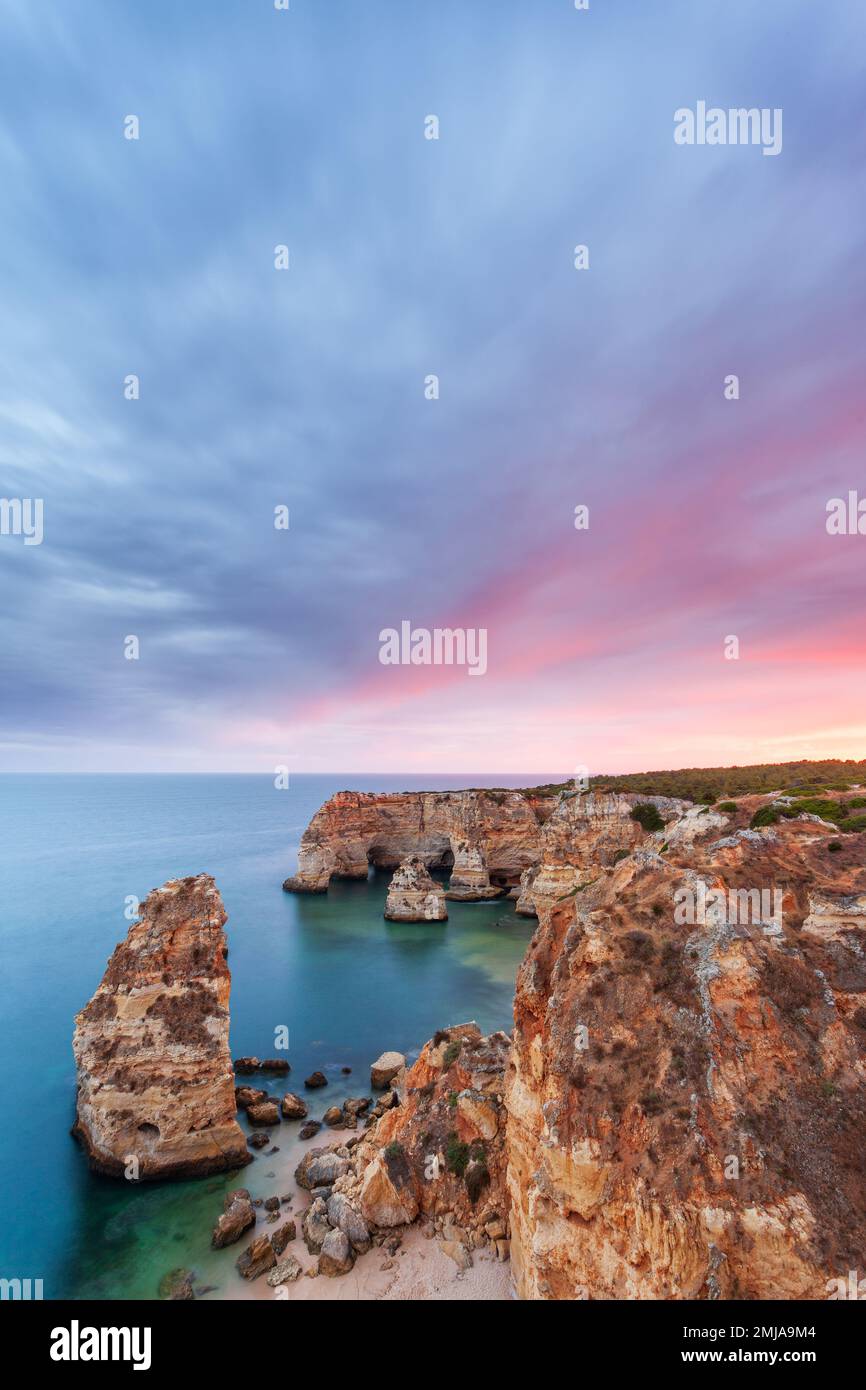 Landscape on the Algarve coast at sunset. Beach in southern Portugal ...