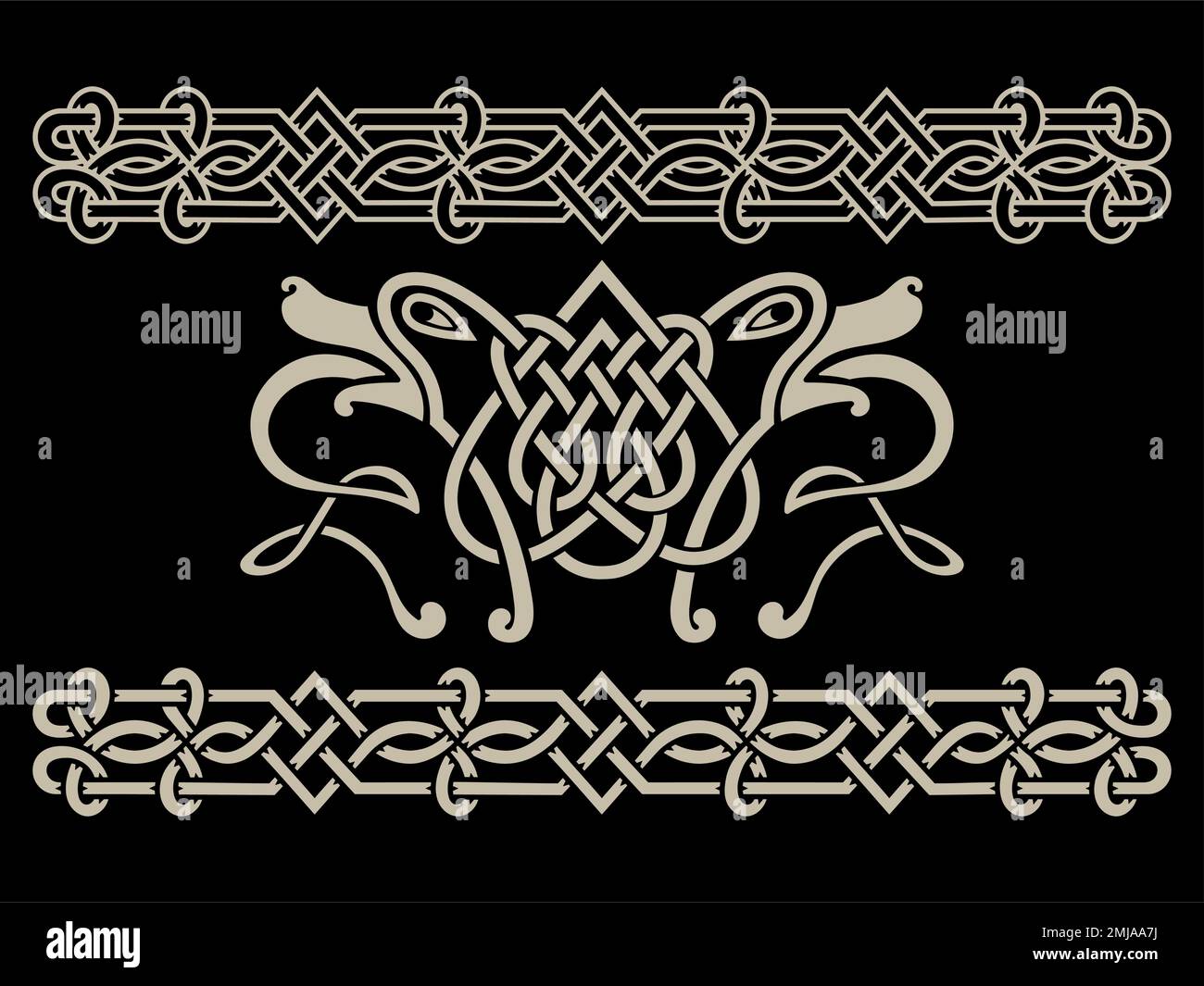 Ancient Celtic, Scandinavian ornament with wolf heads, drawn in vintage ...