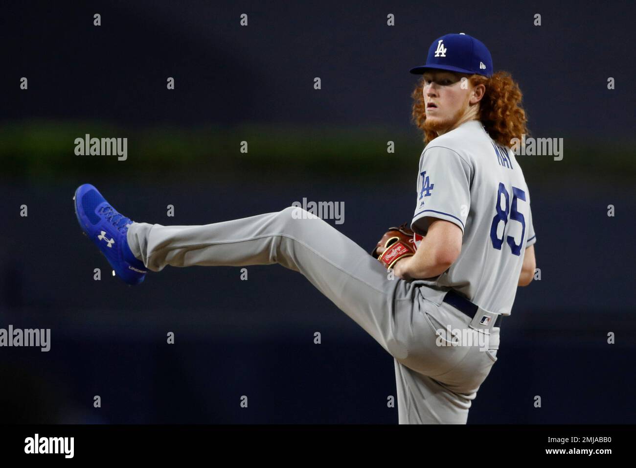 Los Angeles Dodgers starting pitcher Dustin May works against a San ...