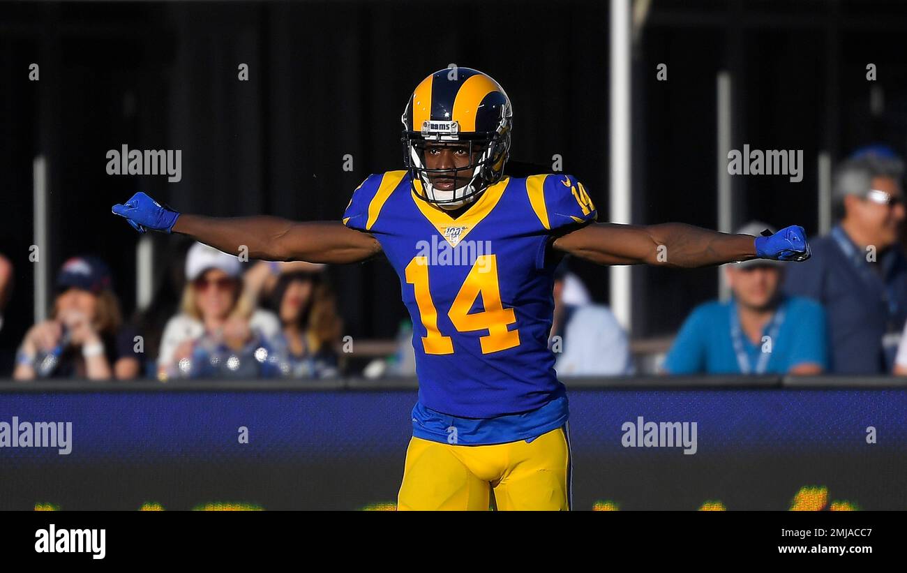 Los Angeles Rams wide receiver Nsimba Webster gestures before kickoff ...