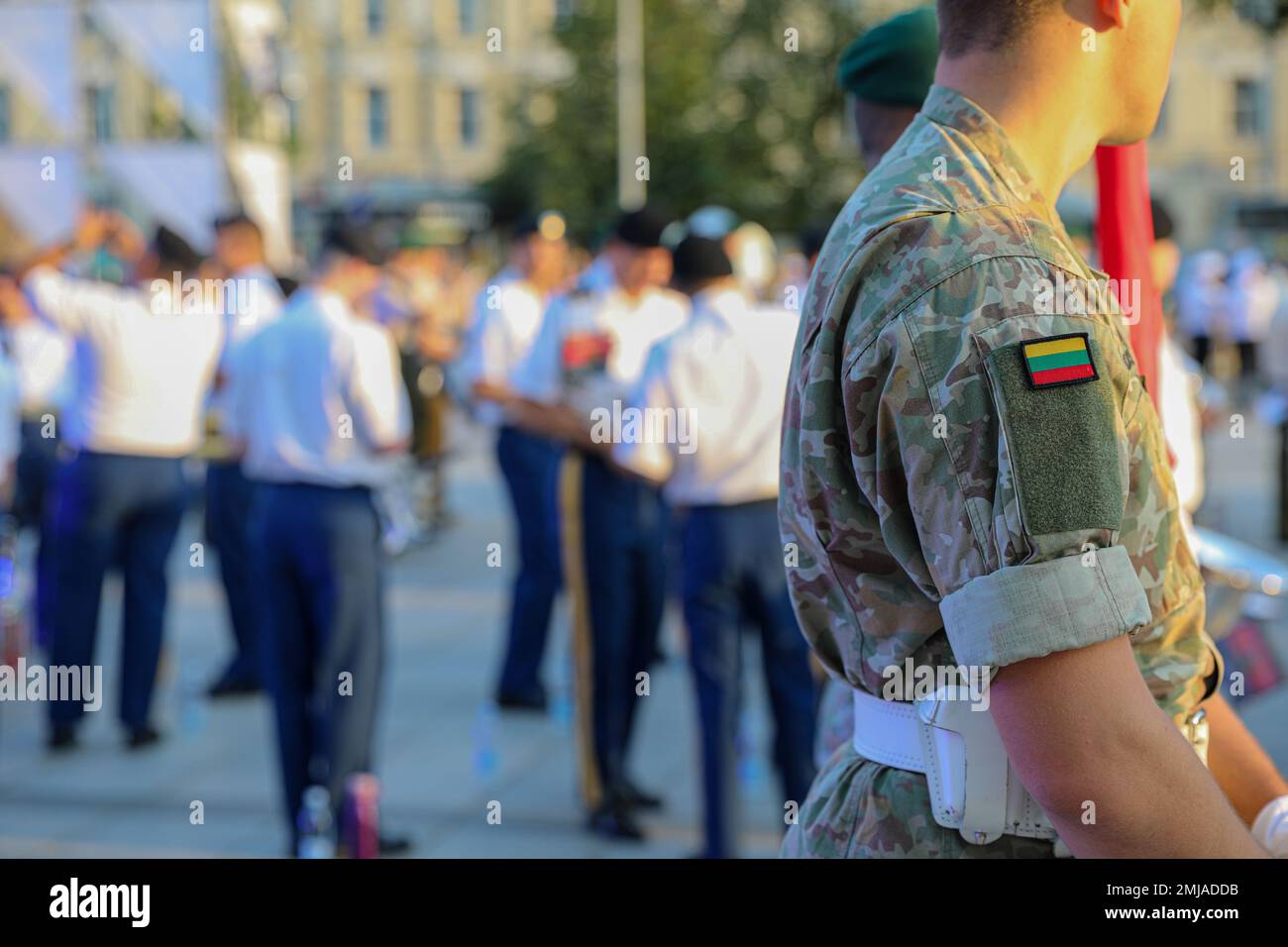 A soldier belonging to the Lithuanian Armed Forces stands in front of U ...