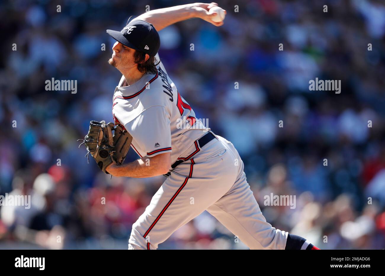 Atlanta Braves relief pitcher Luke Jackson works against the Colorado ...