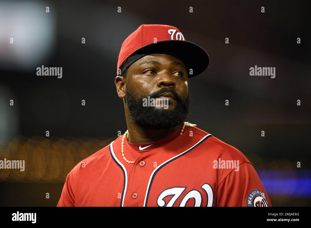 Washington Nationals relief pitcher Fernando Rodney looks on during a ...