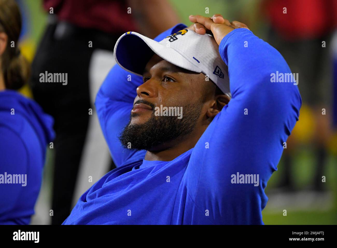 Los Angeles Rams defensive tackle Aaron Donald sits on the sideline ...
