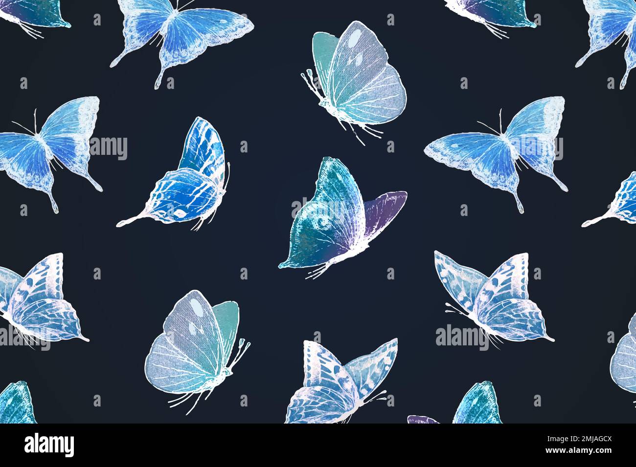 Neon butterfly pattern background, holographic blue design on black ...