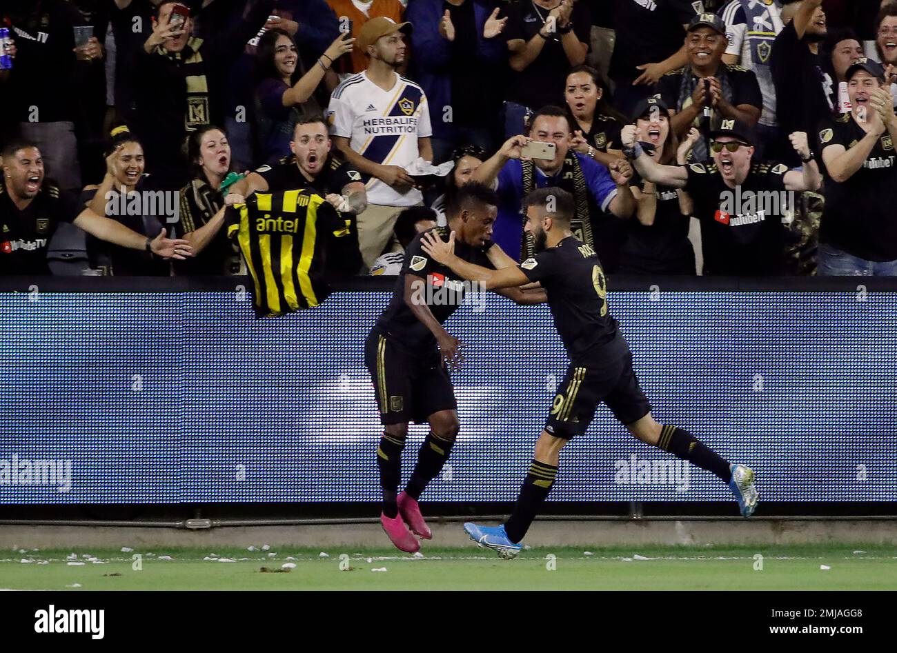 Los Angeles FC's Latif Blessing, center left, celebrates after scoring ...