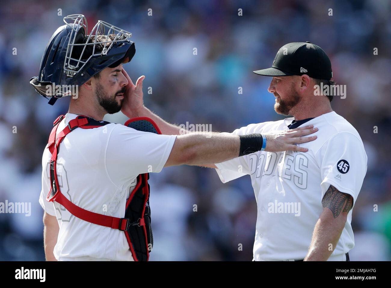 San Diego Padres catcher Austin Hedges, left, celebrates with closing ...