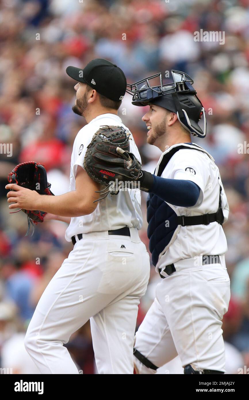 Minnesota Twins' catcher Mitch Garver celebrates with pitcher Lewis ...