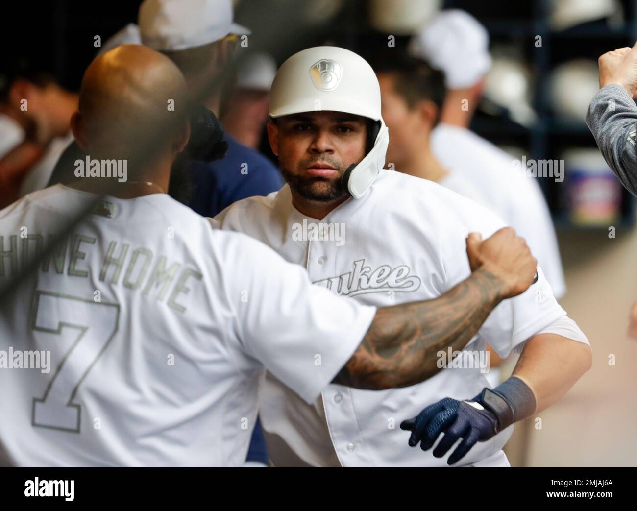 Milwaukee Brewers' Manny Pina celebrates after hitting a home run ...