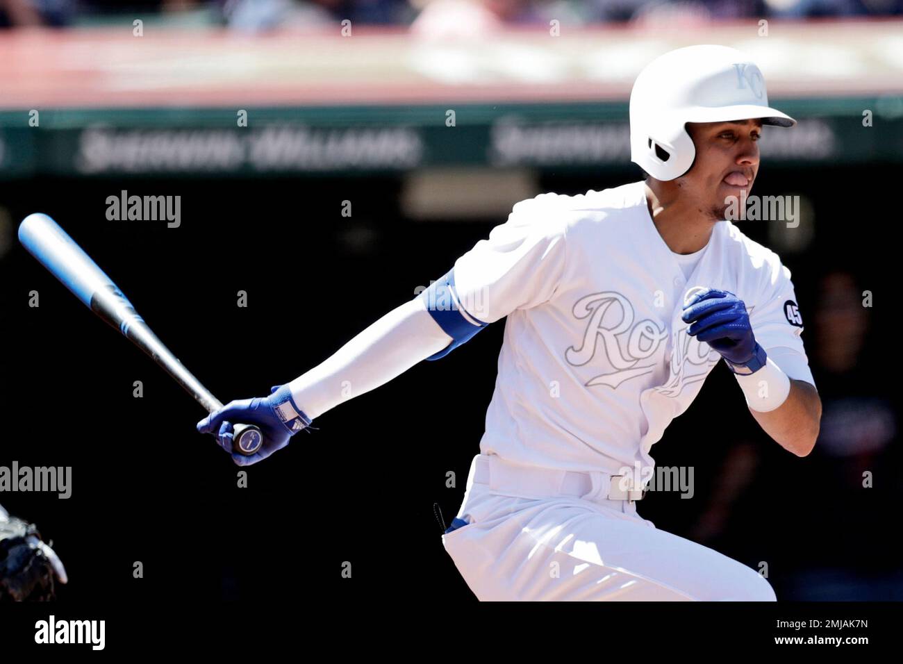 Kansas City Royals' Nicky Lopez watches his ball after hitting an RBI ...