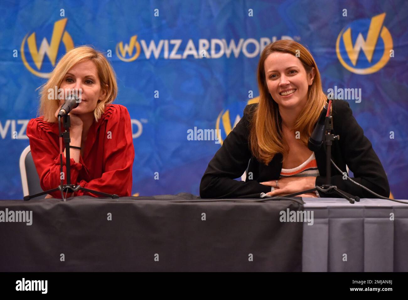 Emma Caulfield, left, and Amy Acker participate during a Q&A panel on ...