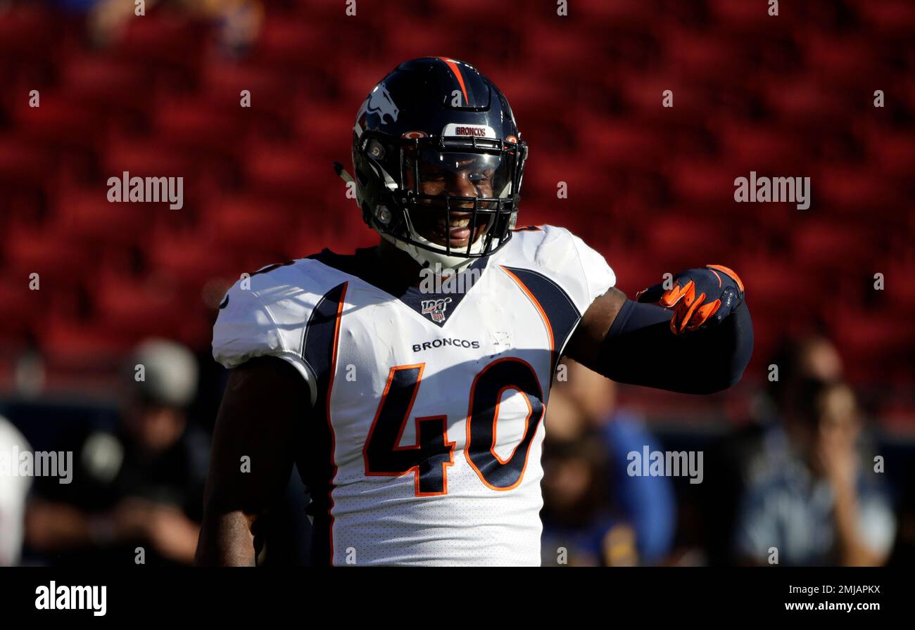 Denver Broncos linebacker Keishawn Bierria (40) warms up before the ...