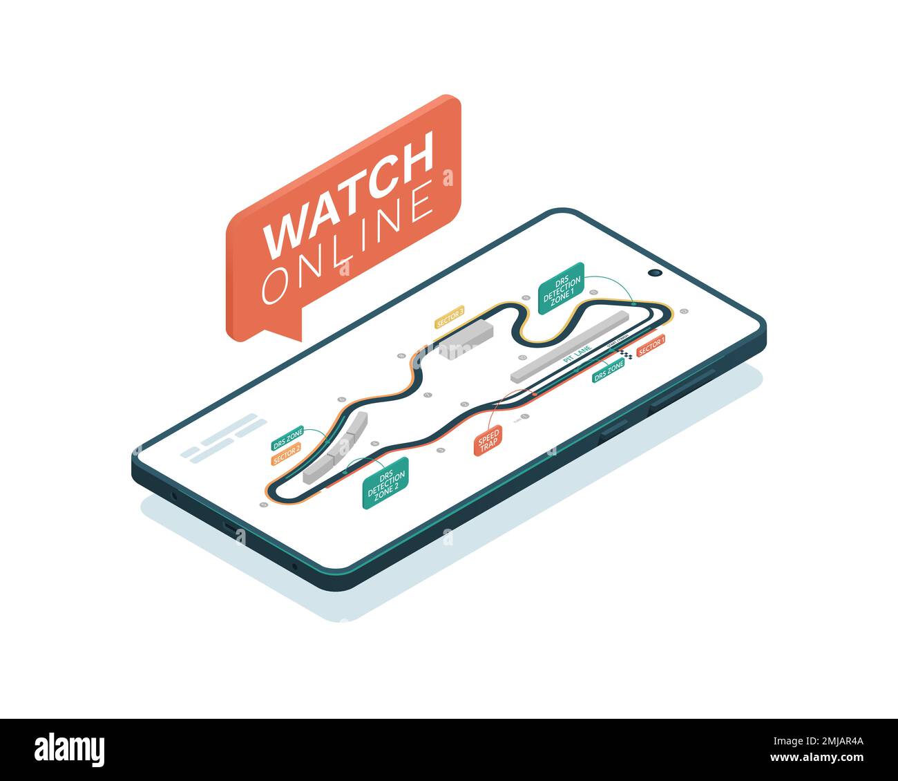 Racing track guide is on an isometric smartphone. Racing circuit scheme ...