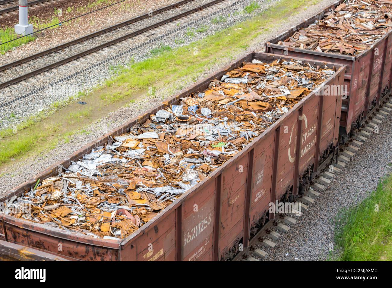 Vorsino, Russia - July 2017: Transportation of scrap metal by rail ...