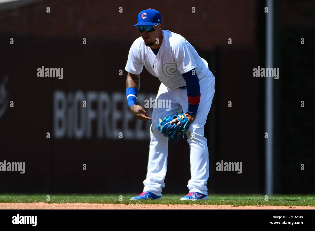 Chicago Cubs shortstop Javier Baez (9) points to himself after diving ...