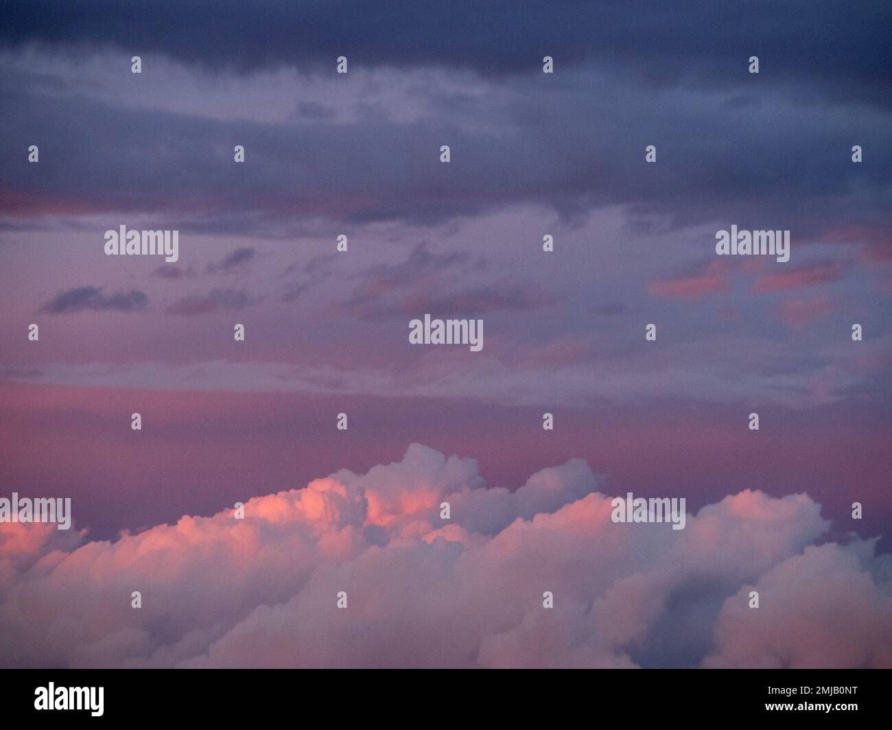 Surreal looking sunset sky of glowing pale pink tinged white clouds ...