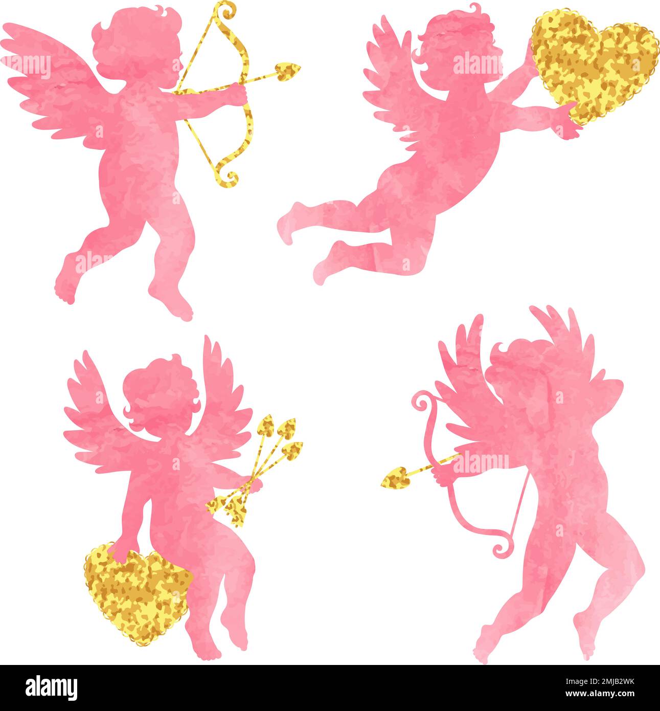 Set of watercolor angels. Cute cupids silhouettes. Valentines Day ...