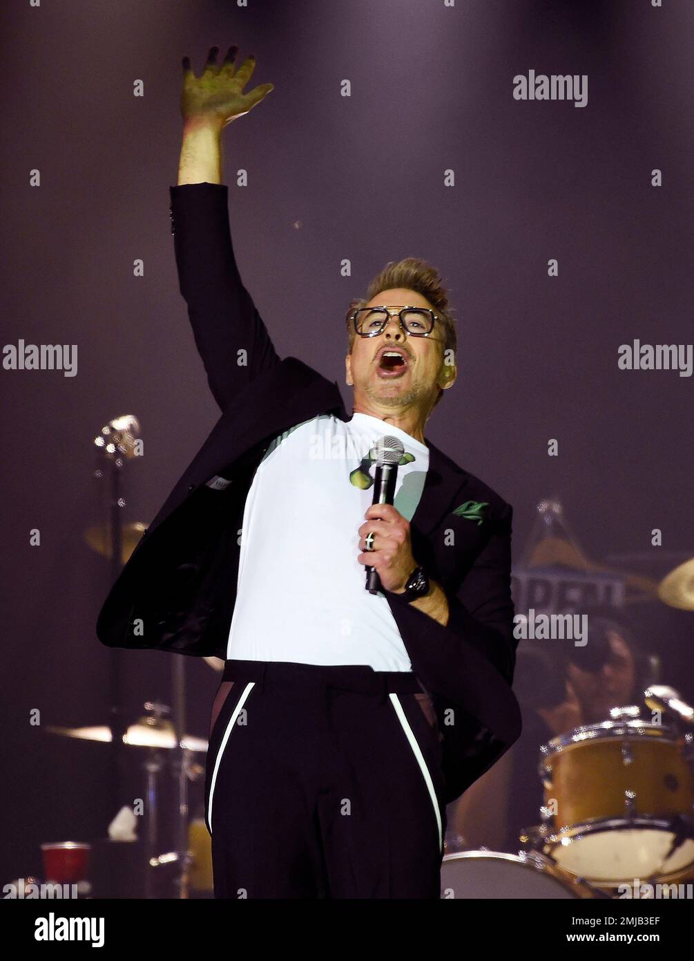 Actor Robert Downey Jr. addresses the crowd before the Rolling Stones ...