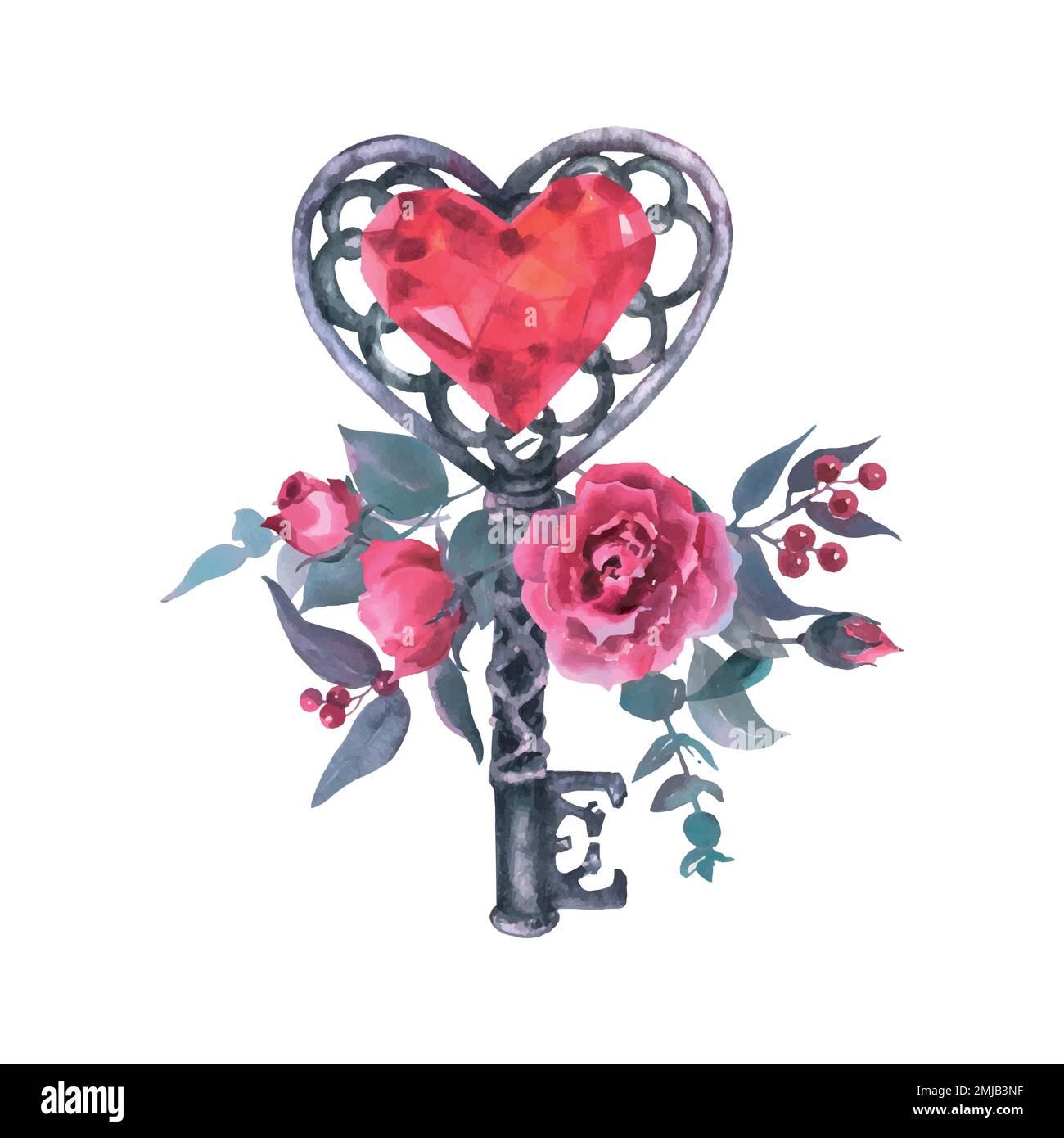 Watercolor vector illustration with old vintage key heart shaped, heart ...