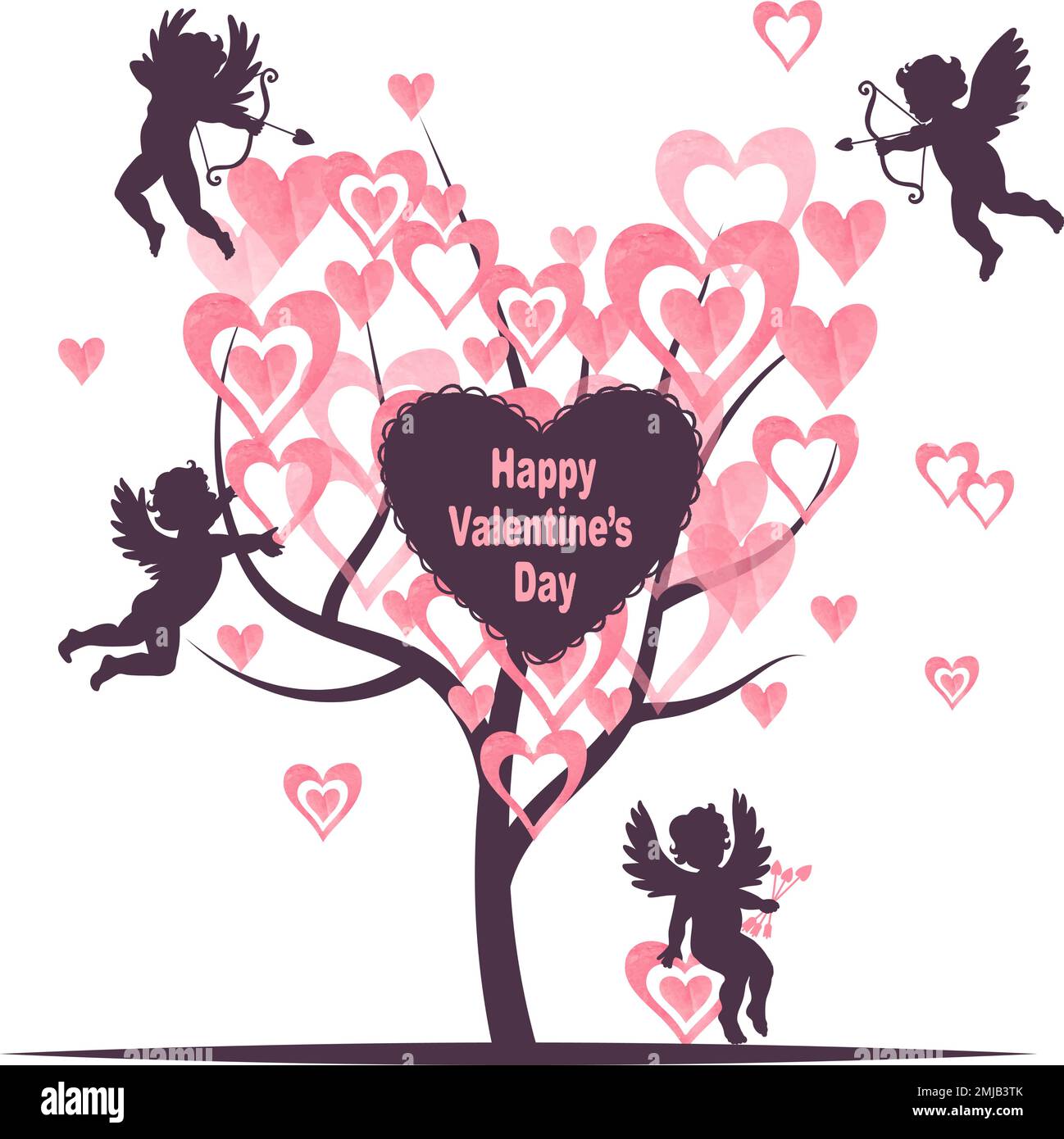 Valentines Day card design with Love tree and cute cupids. Vector ...